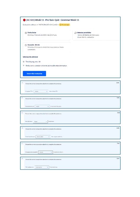Week 15 Pre Task Quiz Grammar Evaluación 15 de diciembre 2024 Studocu