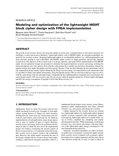 Pdf Modeling And Optimization Of The Lightweight Hight Block Cipher Design With Fpga
