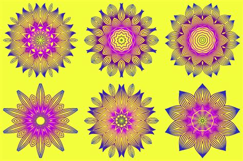 장식 원형 패턴의 집합입니다 성스러운 동양 만다라 색상 꽃 장식입니다 벡터 일러스트입니다 색칠 하기 책 인사말 카드 초대장 문신 옐로우 퍼플 컬러 0명에 대한 스톡 벡터