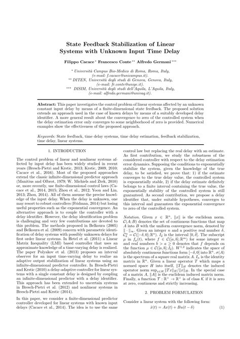 Pdf State Feedback Stabilization Of Linear Systems With Unknown Input