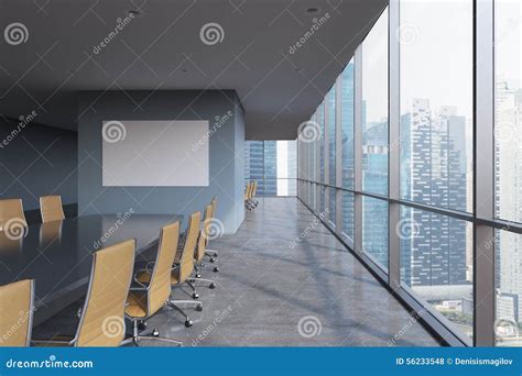 Panoramic Conference Room In Modern Office In Singapore Brown Chairs And A Black Table Stock
