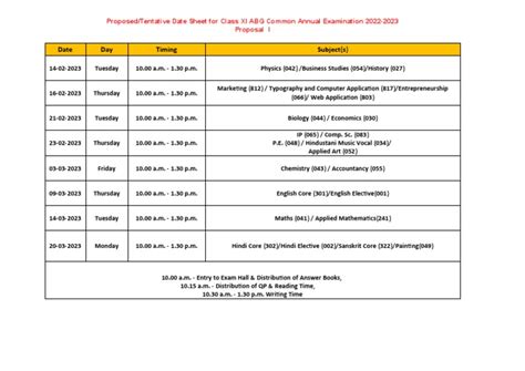 Datesheet For Class Xi Abg Common Annual Exam 2023 Pdf