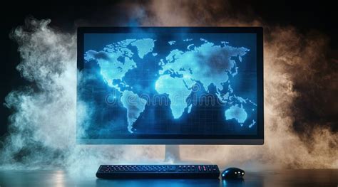 digital world map displayed on computer screen with glowing effects and