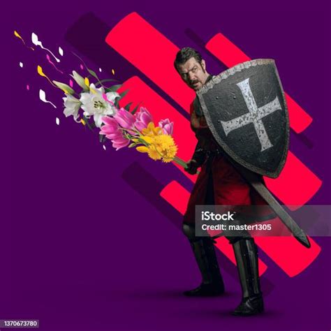 현대 미술 콜라주 아이디어 영감 열망과 창의성 밝은 네온 배경에 꽃과 잔인한 중세 기사 시대의 비교 의 개념 여성의 날 기사 사람의 역할에 대한 스톡 사진 및 기타 이미지