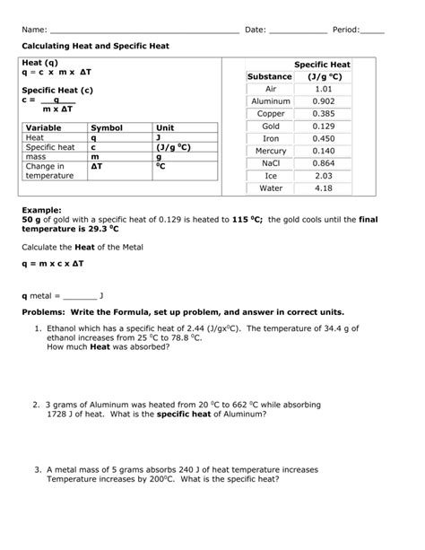 Calculating Specific Heat Worksheet