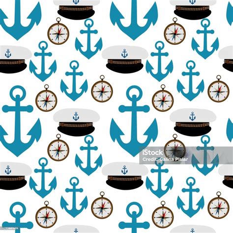 나침반 앵커 및 흰색 배경에 피크 캡 귀여운 매끄러운 패턴 평평한 스타일의 해양 아이템 장식 및 디자인 직물 벽지 포장지