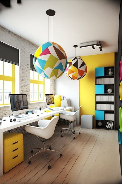 Premium Ai Image Modern Office Interior With Desks Computers And Lamps Created Using