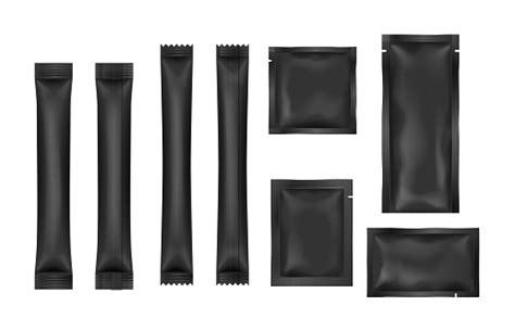 빈 블랙 봉지 패키지 세트 호일 또는 플라스틱 용기 파우치 스낵 설탕 또는 커피용 스틱 3차원 형태에 대한 스톡 벡터 아트 및 기타 이미지 Istock
