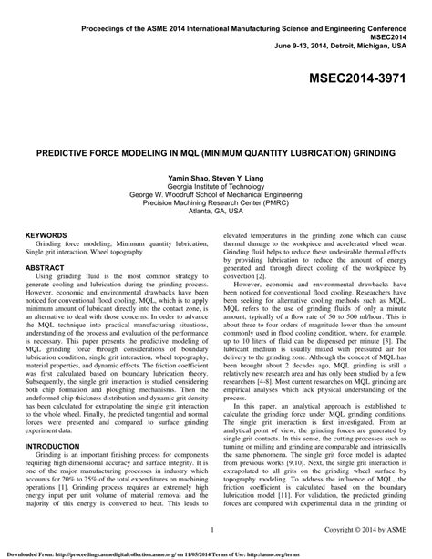 Pdf Predictive Force Modeling In Mql Minimum Quantity Lubrication Grinding