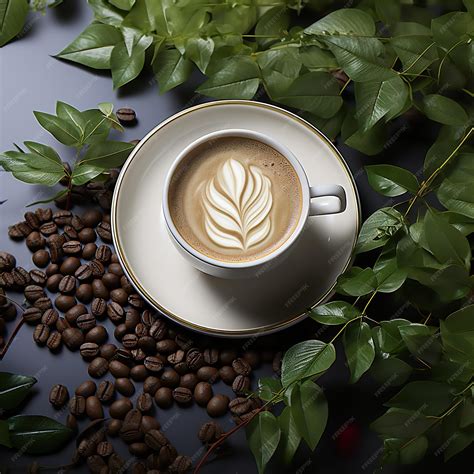 Premium Ai Image Minimalist Symmetrical Design Centered Black Coffee Cup With Beans And Leaves