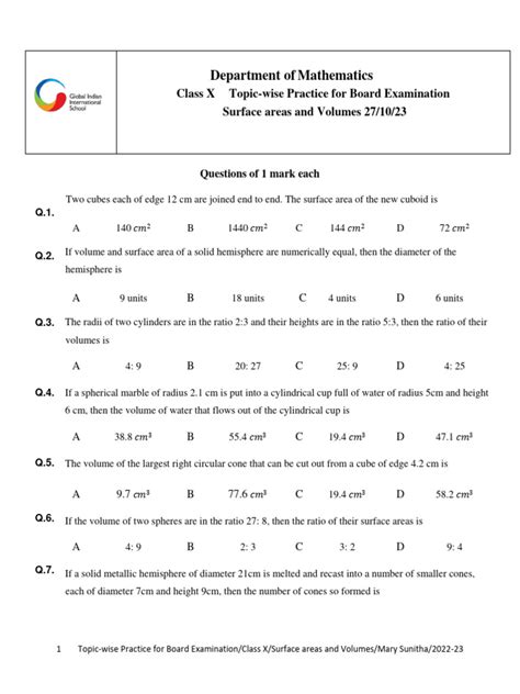 Maths Surface Areas And Volumes Ws Pdf Sphere Volume