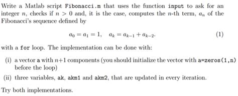 Solved Write A Matlab Script Fibonaccim That Uses The Function