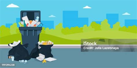 쓰레기로 가득 찬 플라스틱 쓰레기통 폐기물 재활용 및 관리 넘쳐 나는 쓰레기 상자 종이 유리 병 전자 폐기물이있는 비닐 봉지로 가득 차 있습니다 도시 배너 템플릿 청소