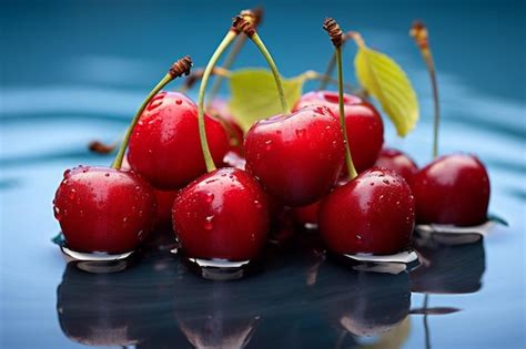 Cherries At The Edge Of A Reflective Pool Premium Ai Generated Image