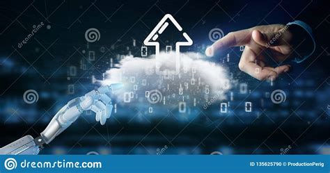 Cyborg Holding A Binary Cloud With Upload Internet Arrow 3d Rendering
