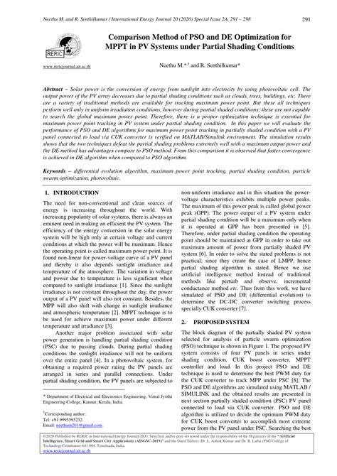 pdf comparison method of pso and de optimization for mppt in pv