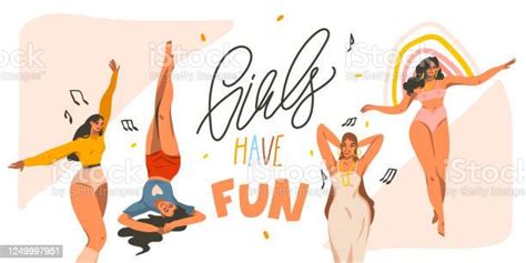 집에서 파티를 춤추는 젊은 미소 여성과 손으로 쓴 글자 인용과 손으로 그린 벡터 추상 주식 그래픽 일러스트 여자는 흰색 배경에 고립 재미 개체 그룹에 대한 스톡 벡터 아트