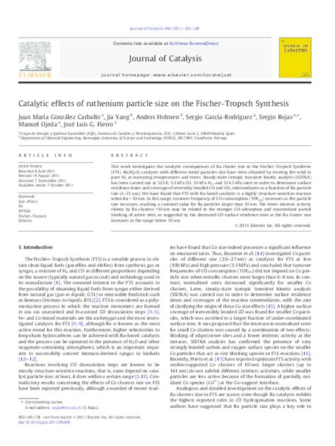 Pdf Catalytic Effects Of Ruthenium Particle Size On The Fischer