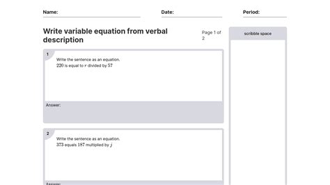 write variable equation from verbal description worksheets [pdf