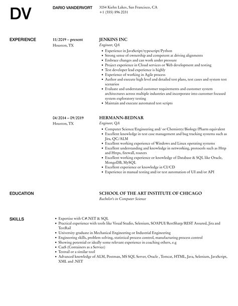 Engineer QA Resume Samples Velvet Jobs