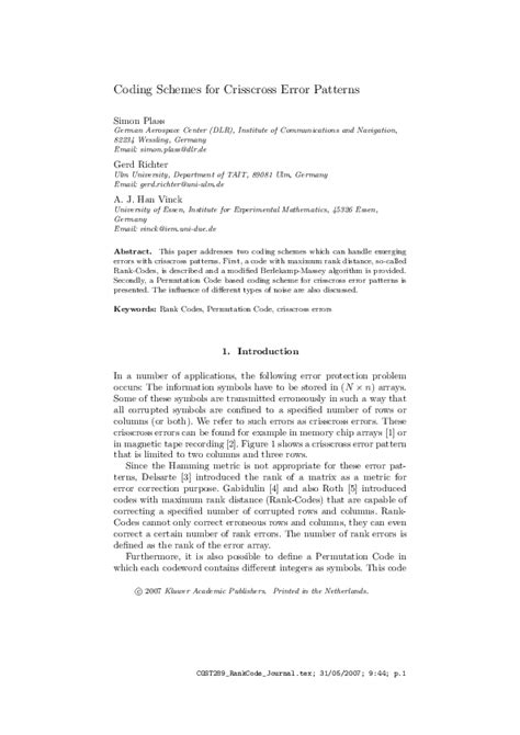 Pdf Coding Schemes For Crisscross Error Patterns