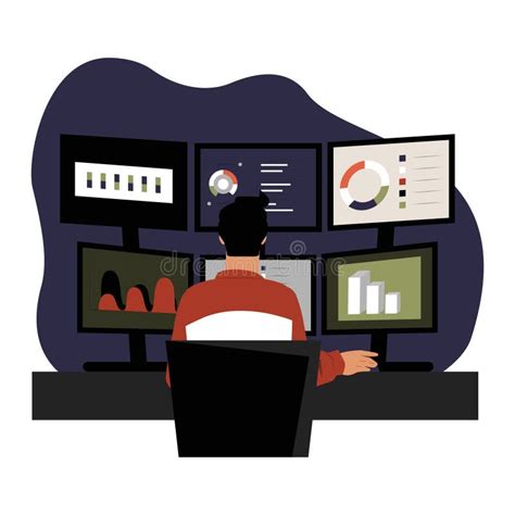 Man Monitoring Multiple Data Screens In Flat Vector Illustration Symbolizing Cybersecurity Data