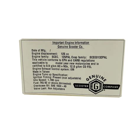 Engine Information Sticker 125 Scooterworks Usa Llc