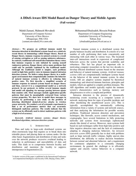 Pdf A Ddos Aware Ids Model Based On Danger Theory And Mobile Agents