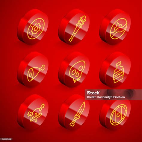 세트 라인 방패 바이킹 스파이크가 있는 철퇴 바다와 파도 닭 다리 해골 위스키 병 바이킹 뿔 헬멧 및 단검 아이콘 벡터 3차원 형태에 대한 스톡 벡터 아트 및 기타 이미지