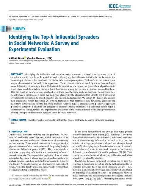 Pdf Identifying The Top K Influential Spreaders In Social Networks A Survey And Experimental