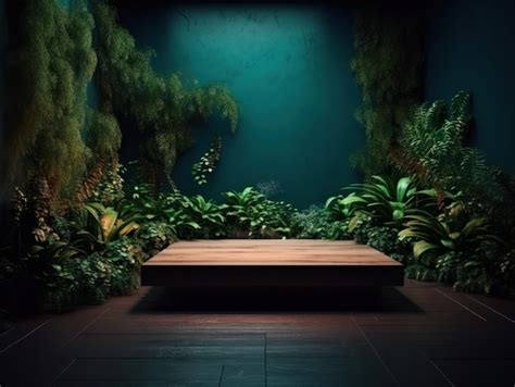 화장품 제품 광고 스탠드 잎과 그림자가 있는 녹색 배경에 있는 나무 연단 제품 포장을 표시하기 위한 빈 받침대 Mockup