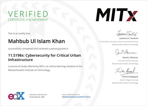 Cybersecurity For Critical Urban Infrastructure By Mitx 11 S198x Course… Mahbub Ul Islam Khan