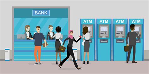 관리자 및 다양한 고객과 은행 카운터 또는 환전 서비스 고객과 함께 하는 Atm 건축물에 대한 스톡 벡터 아트 및 기타 이미지 건축물 경영자 계산원 Istock