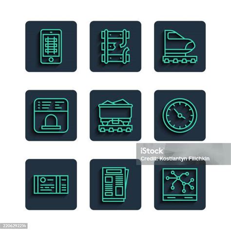 라인 기차표 뉴스 철도지도 고속 열차 석탄 마차 티켓 구매를위한 매표소 온라인 구매 및 역 시계 아이콘을 설정합니다 벡터 계획에