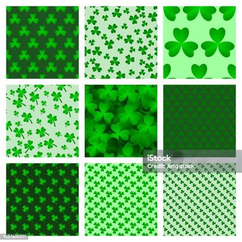 녹색 클로버는 매끄러운 패턴을 설정합니다 추상적인 기하학적 배경 원활한 벡터 패턴 컬렉션입니다 벡터 그림 낮에 대한 스톡 벡터