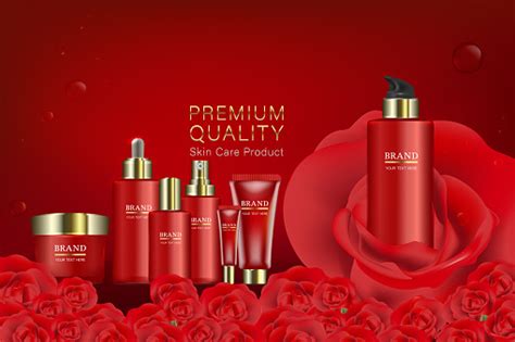 미용 제품 광고 배경으로 빨간 화장품 용기 사용 럭셔리 스킨 케어 광고 준비 개념에 대한 스톡 벡터 아트 및 기타 이미지