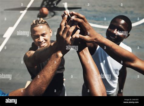 High Five Teamwork And Basketball In Closeup For Support Motivation Or Match On Basketball