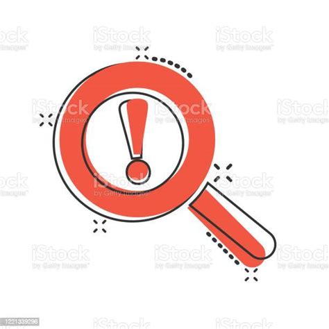 만화 스타일의 위험 분석 아이콘입니다 흰색 고립 된 배경에 느낌표 돋보기 만화 벡터 그림입니다 주의 스플래시 효과 비즈니스 개념 0명에 대한 스톡 벡터 아트 및 기타 이미지
