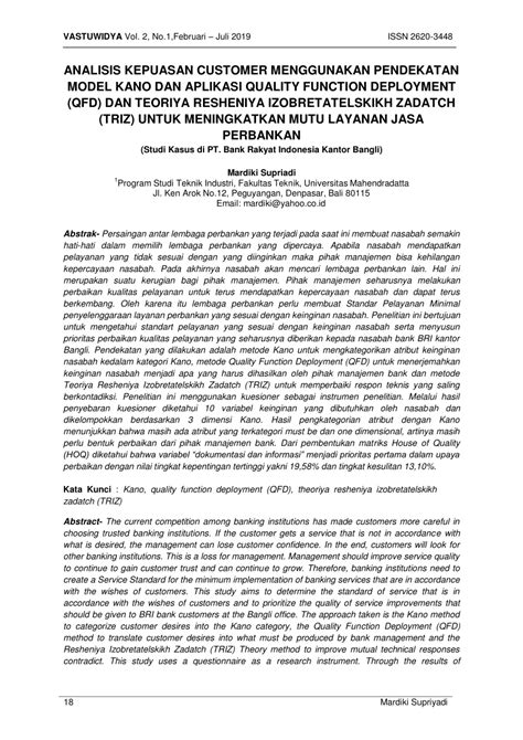 Pdf Analisis Kepuasan Customer Menggunakan Pendekatan Model Kano Dan Aplikasi Quality Function