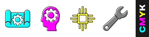 그래프 용지와 기어 내부에 기어가있는 인간의 머리 마이크로 회로 Cpu 및 렌치 스패너 아이콘이있는 프로세서를 설정합니다 벡터 Cpu에 대한 스톡 벡터 아트 및 기타 이미지