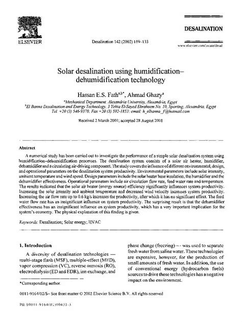 Pdf Solar Desalination Using Humidification—dehumidification