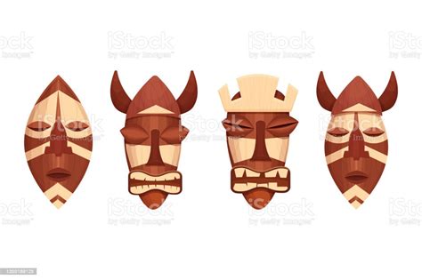 흰색 배경에 고립 된 만화 스타일의 아프리카 부족 나무 마스크 토템 얼굴 원주민 아바타를 설정합니다 자세한 개체입니다 벡터 일러스트레이션 보호 마스크에 대한 스톡 벡터 아트