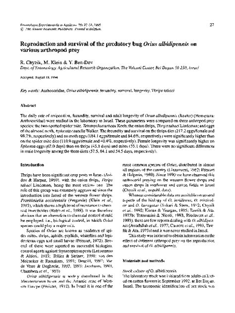 Pdf Reproduction And Survival Of The Predatory Bug Orius Albidipennis On Various Arthropod Prey
