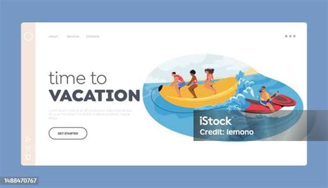 휴가 랜딩 페이지 템플릿까지의 시간 바나나 모양의 풍선 뗏목을 타는 스릴 넘치는 활동을 즐기는 캐릭터 개념에 대한 스톡 벡터 아트 및 기타 이미지 Istock
