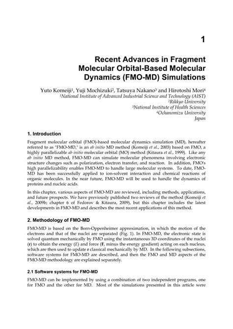 (PDF) Recent Advances in Fragment Molecular Orbital-Based Molecular Dynamics (FMO-MD) Simulations