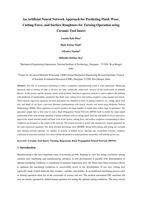 Pdf An Artificial Neural Network Approach For Predicting Flank Wear Cutting Force And