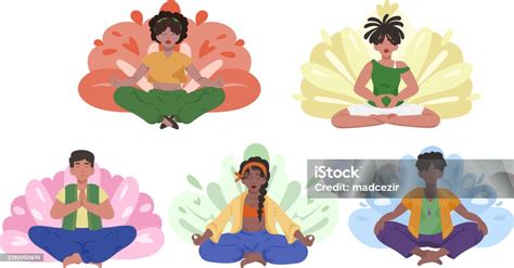 자연과 나뭇잎 속에서 명상하기 요가 명상 휴식 레크리에이션 건강한 라이프 스타일에 대한 개념 그림 플랫 만화 스타일의 벡터 일러스트 레이 션 Mental Wellbeing에