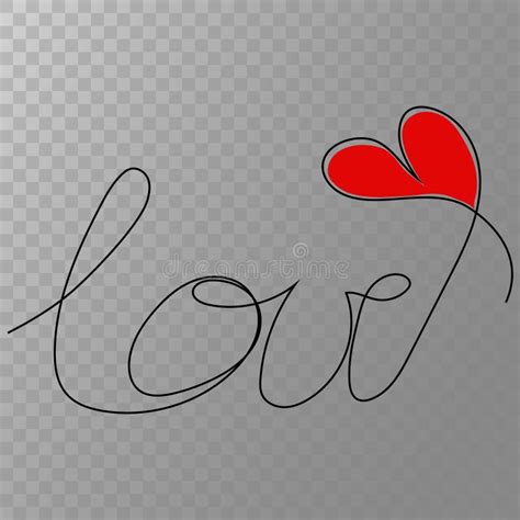 Love Text Illustration Red Heart Accent Minimal Vector Script Black Line Style Stock