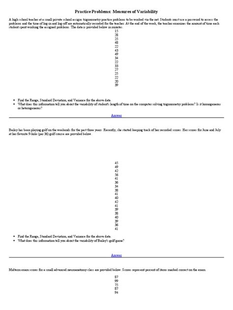 Practice Problems Measures Of Variability Answer Pdf Standard Deviation Variance