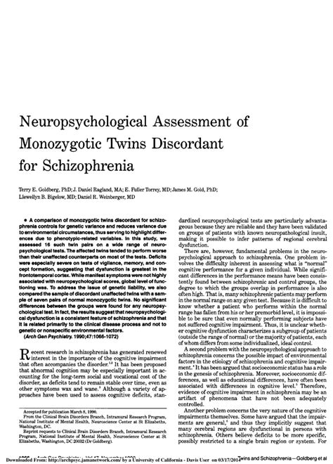 Pdf Neuropsychological Assessment Of Monozygotic Twins Discordant For Schizophrenia
